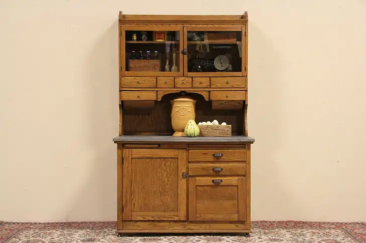 Hoosier Oak 1910 Antique Kitchen Baker Cupboard Zinc Top