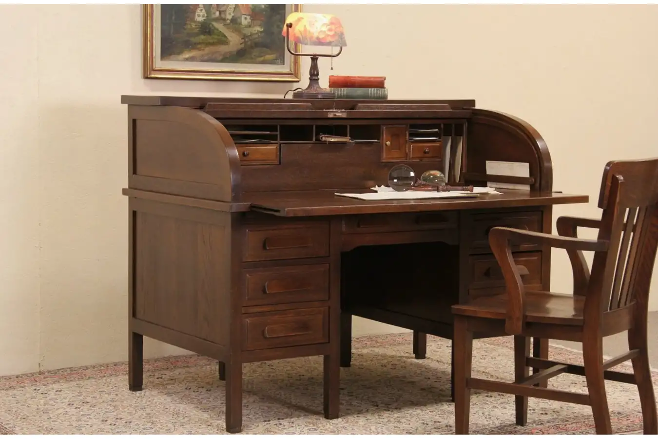 Oak 1910 Antique Rolltop Desk, Pull Out Writing Surface