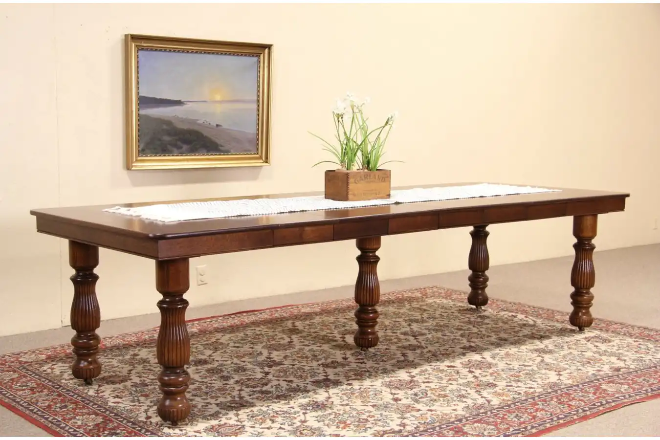 Victorian 1900 Antique Square Oak Dining Table, 6 Leaves, Extends 9' 5