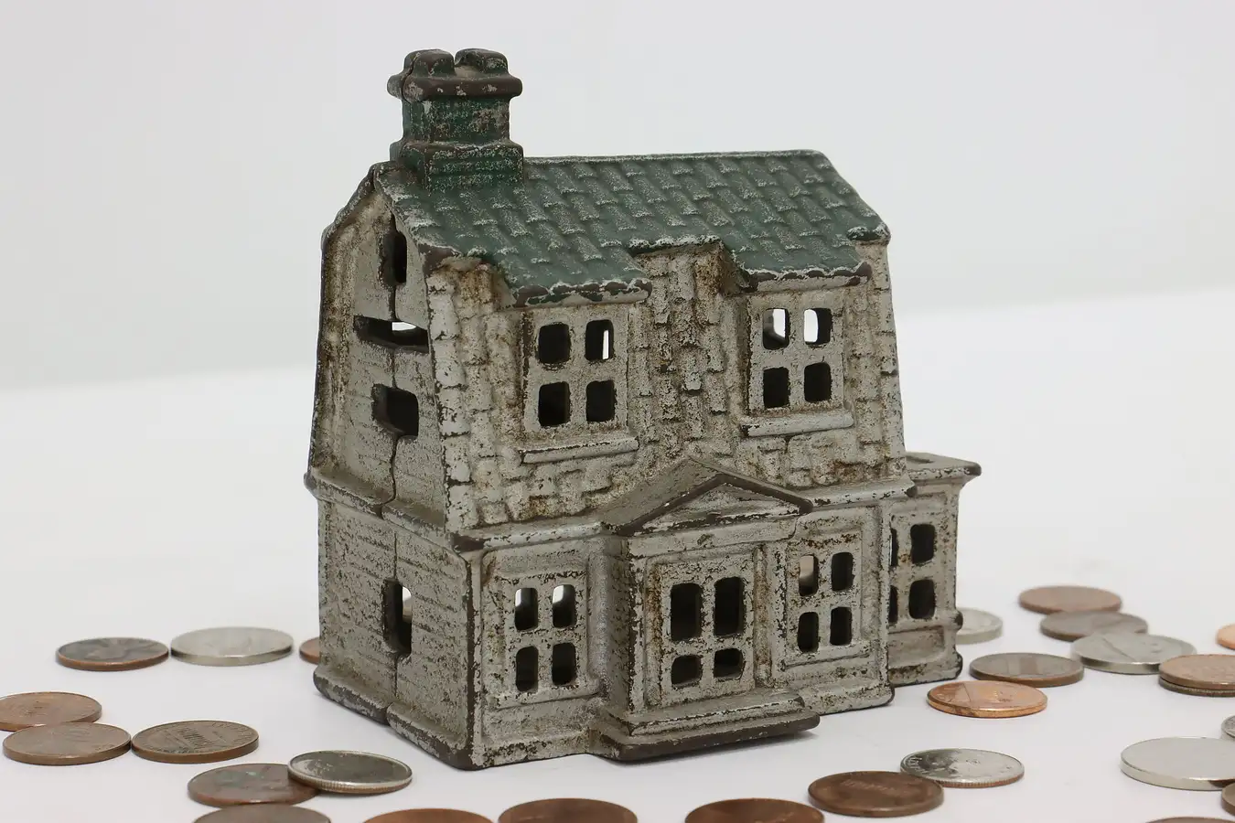 Farmhouse Antique Painted Cast Iron House Coin Bank