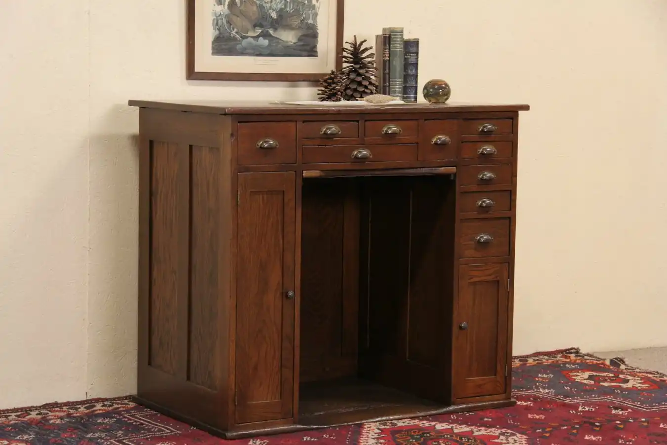 Watchmaker Oak 1900 Antique Desk or Workbench, 10 Drawers