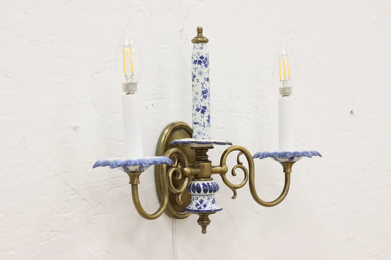 Blue Delft China & Brass Vintage Triple Wall Sconce