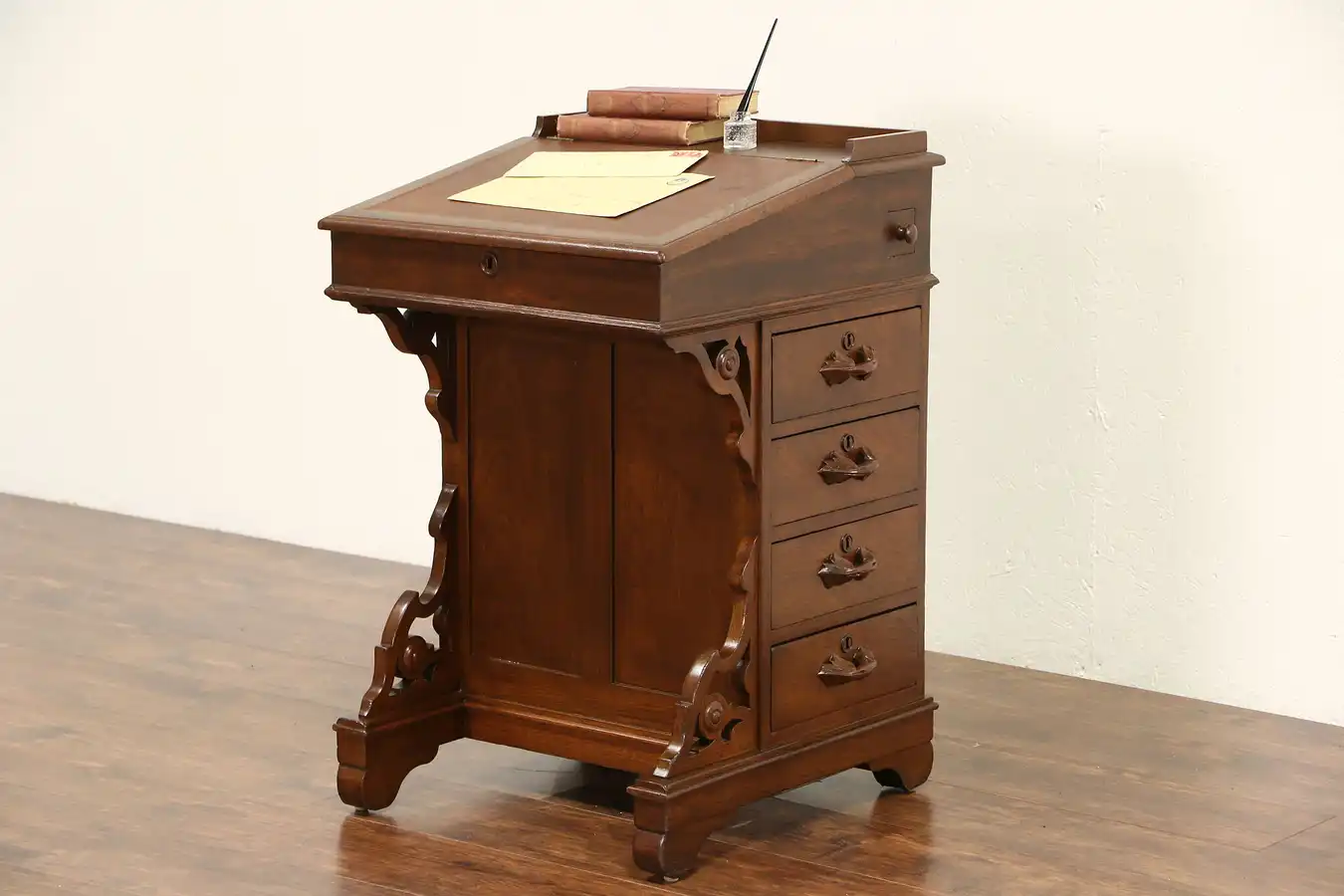 Victorian 1870's Antique Carved Walnut Davenport or Ship Desk