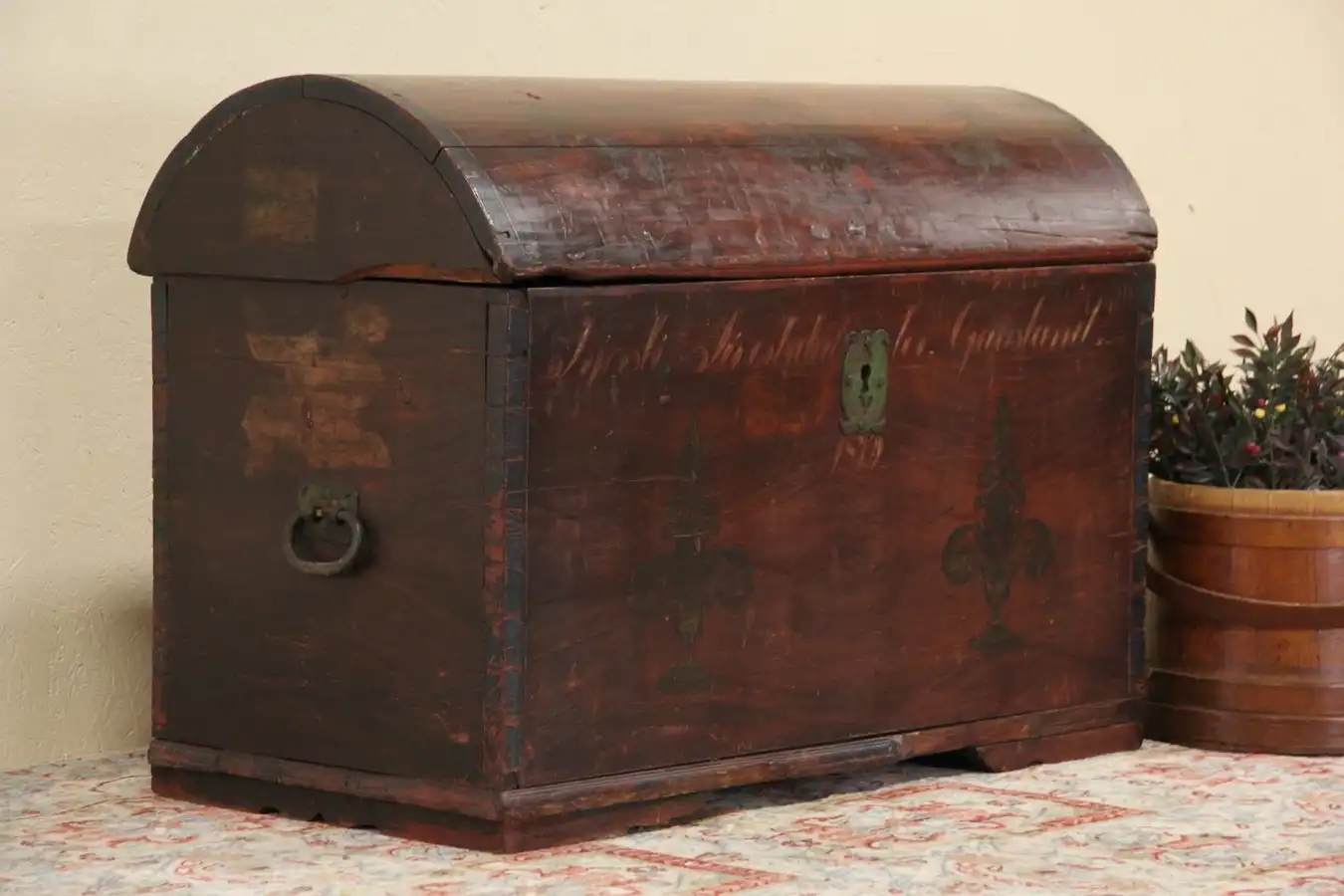 Pine Scandinavian Antique Immigrant Trunk, Hand Painting 1842