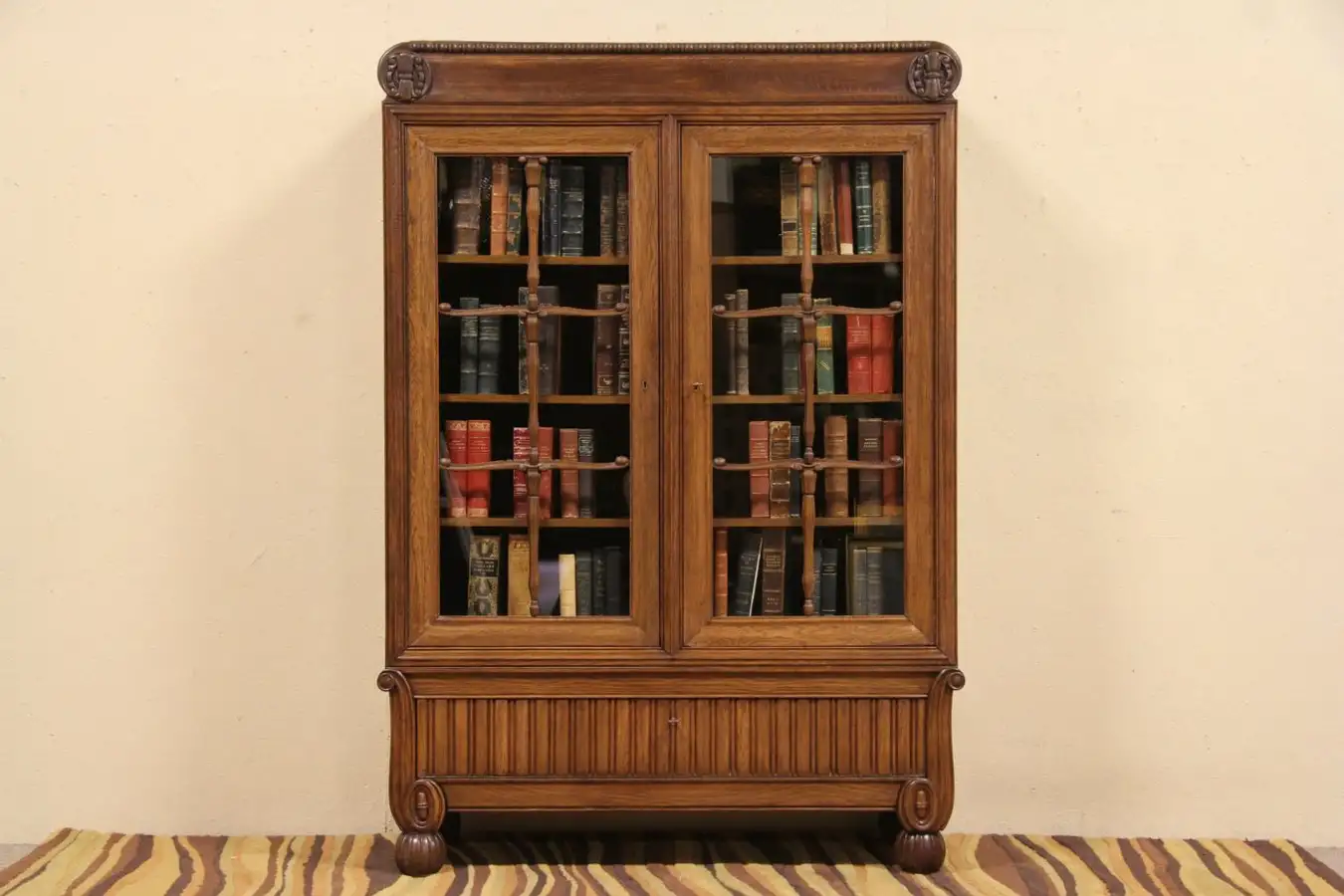 Carved Oak 1920 German Bookcase, Glass Doors