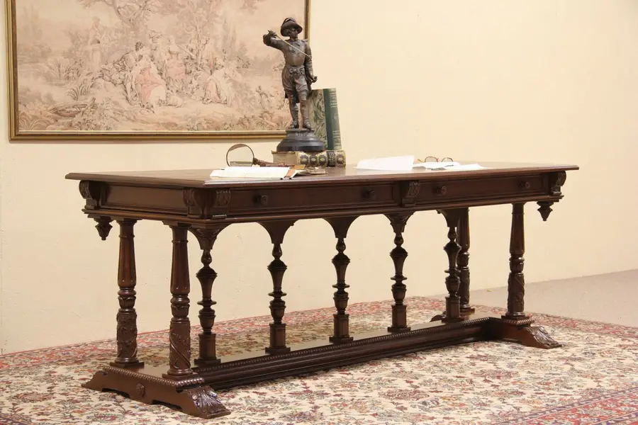 Renaissance Carved 1925 Library Table or Writing Desk