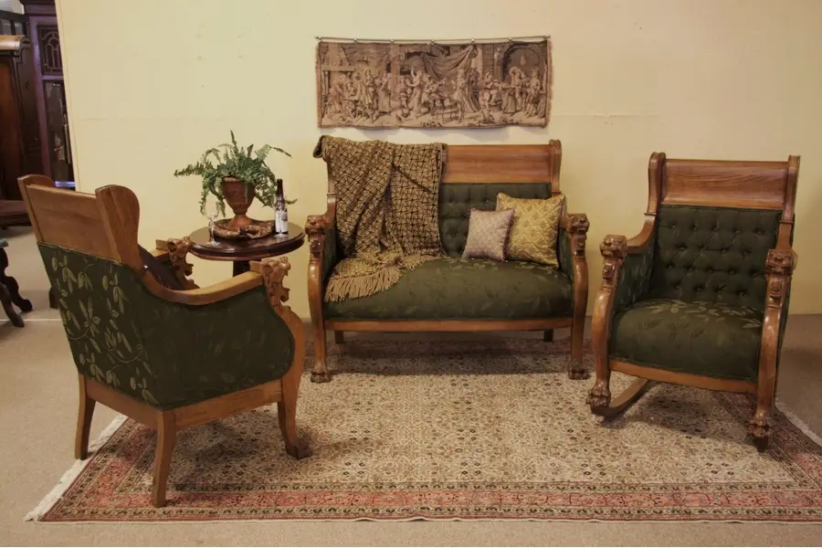 Victorian Oak Set- Rocker, Settee & Chair with Lions