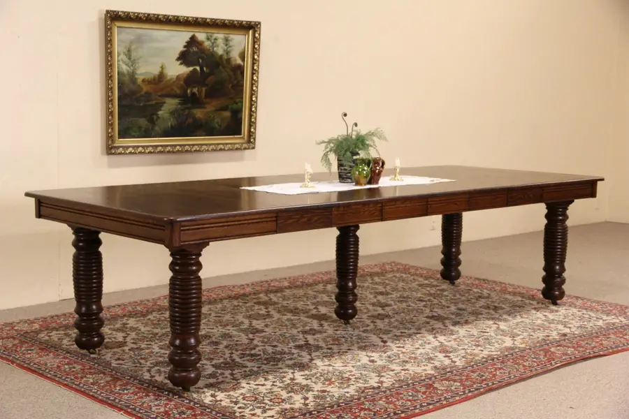 Victorian 1900 Antique Oak & Ash Square Dining Table, Extends 9' 9" Long