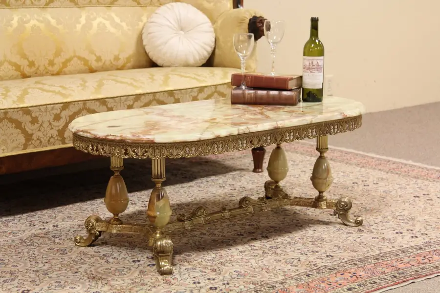 Oval Onyx Coffee Table with Bronze Base