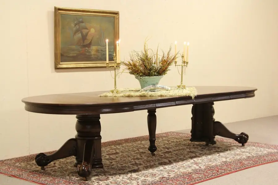 Round 54" Oak Claw & Ball Carved Dining Table, Extends 10' 7"