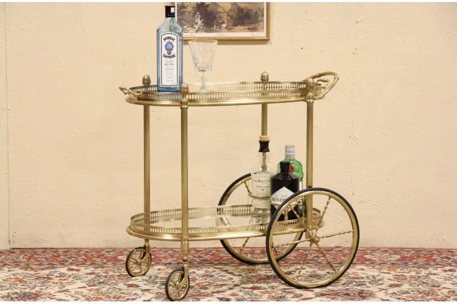 Brass Vintage Oval Tea Cart, Beverage or Dessert Trolley