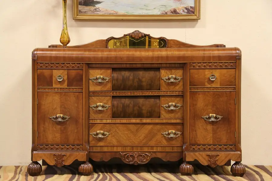 Art Deco Antique 1935 Waterfall Sideboard or Server, Bakelite Pulls