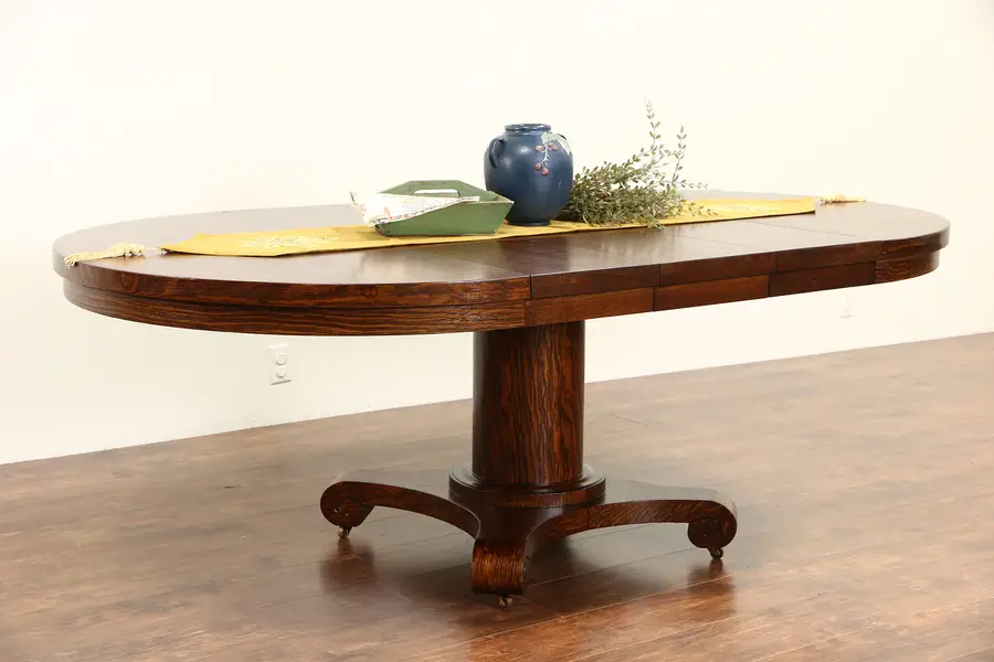 Round 48" Quarter Sawn Oak 1900 Antique Dining Table, 3 Leaves