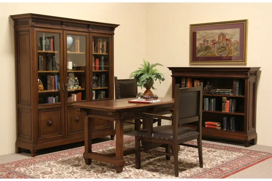 Italian 1910 Carved 5 Pc. Library Set, Bookcases, Desk, 2 Chairs