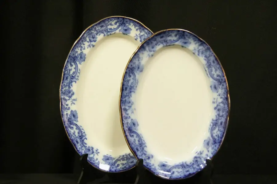 Doulton Burslem Melrose 1890 Antique Flow Blue Oval Platters Pair