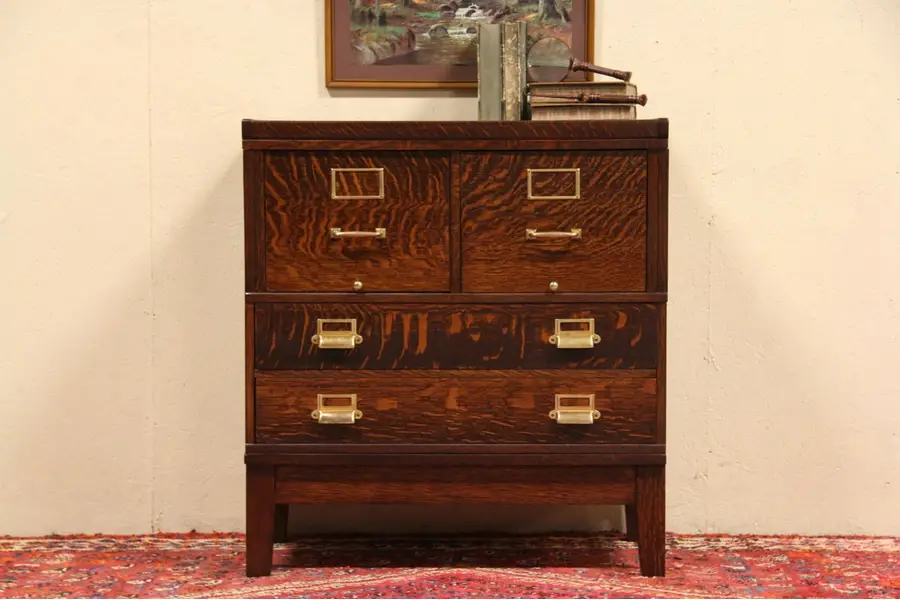Oak Stacking 1910 Antique File Cabinet, Original Bronze Hardware
