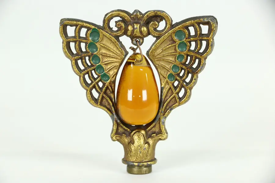 Butterfly 1920 Antique Lamp Finial, Amber Glass Bead