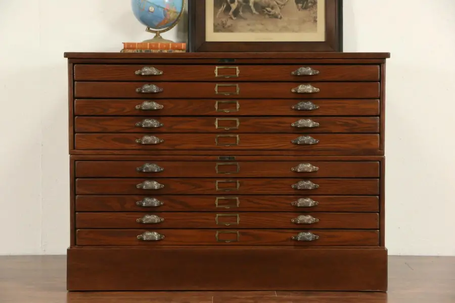Oak Vintage Stacking Map Chest or Document File, 10 Drawers, Signed Mayline