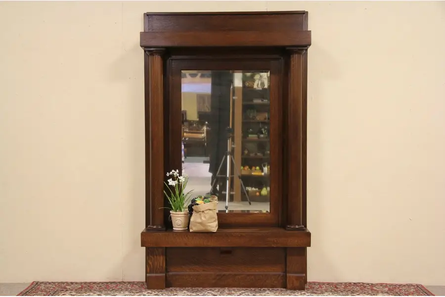 Oak 1900 Antique Pier or Hall Beveled Mirror, Columns