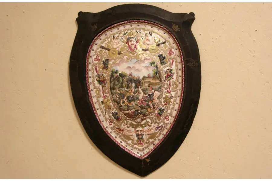 Capodimonte Royal Naples 1800's Porcelain Shield Plaque, Leather Frame