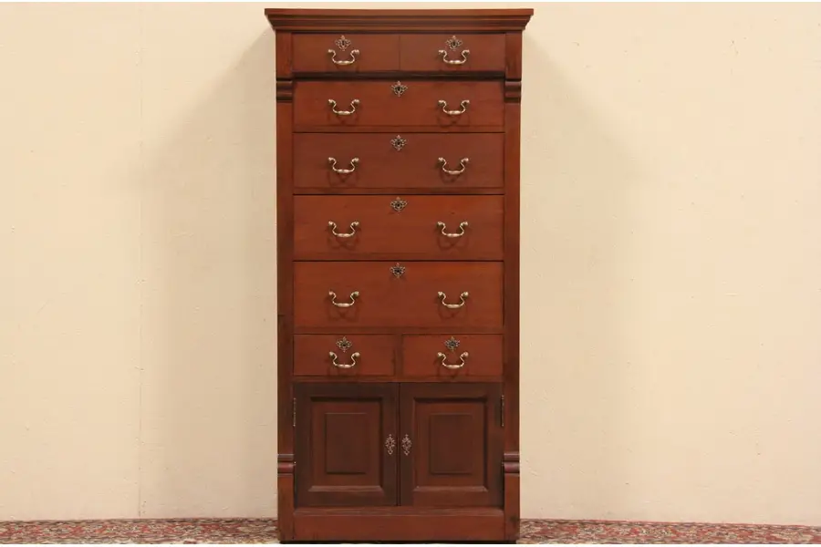 Victorian Antique 1890 Mahogany Tall Chest, Secret Drawer