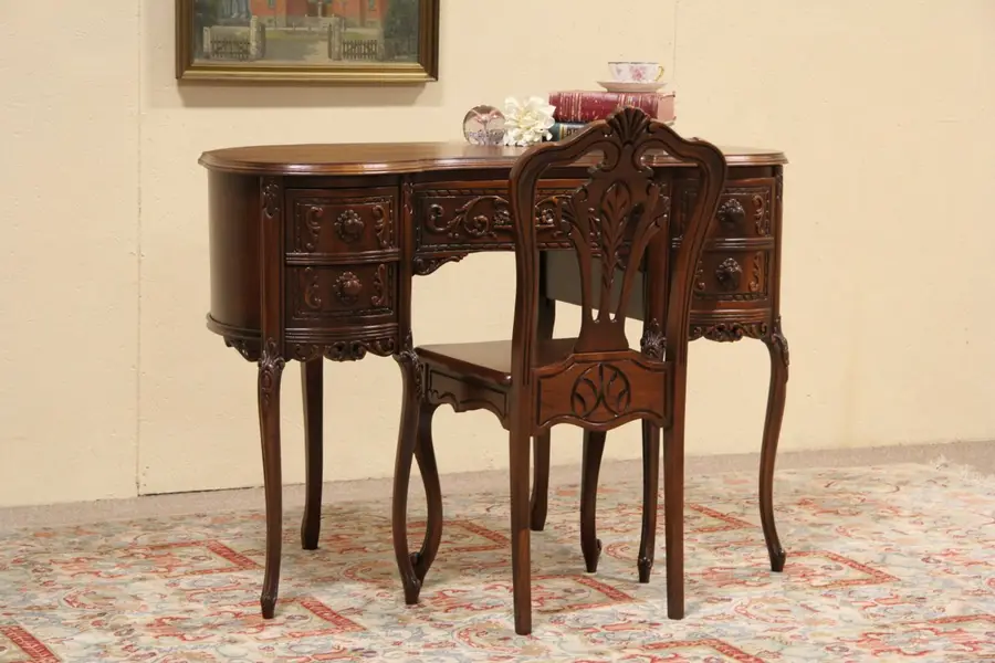 Antique Carved Kidney Desk & Chair Set