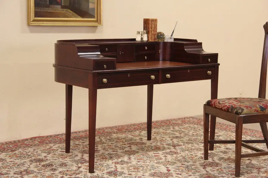 Carlton House English 1920's Writing Desk, Tooled Leather