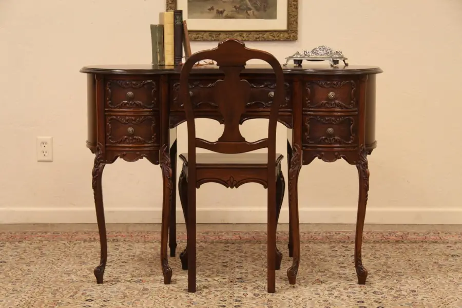 Carved Kidney Shape Desk & Chair