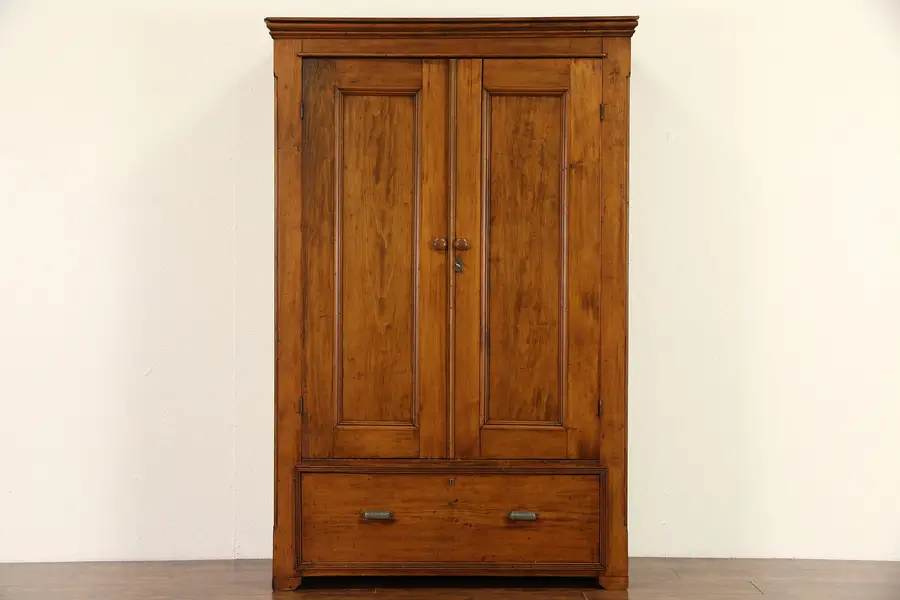 Country Pine 1890's Antique Armoire or Wardrobe, Original Lock & Hardware