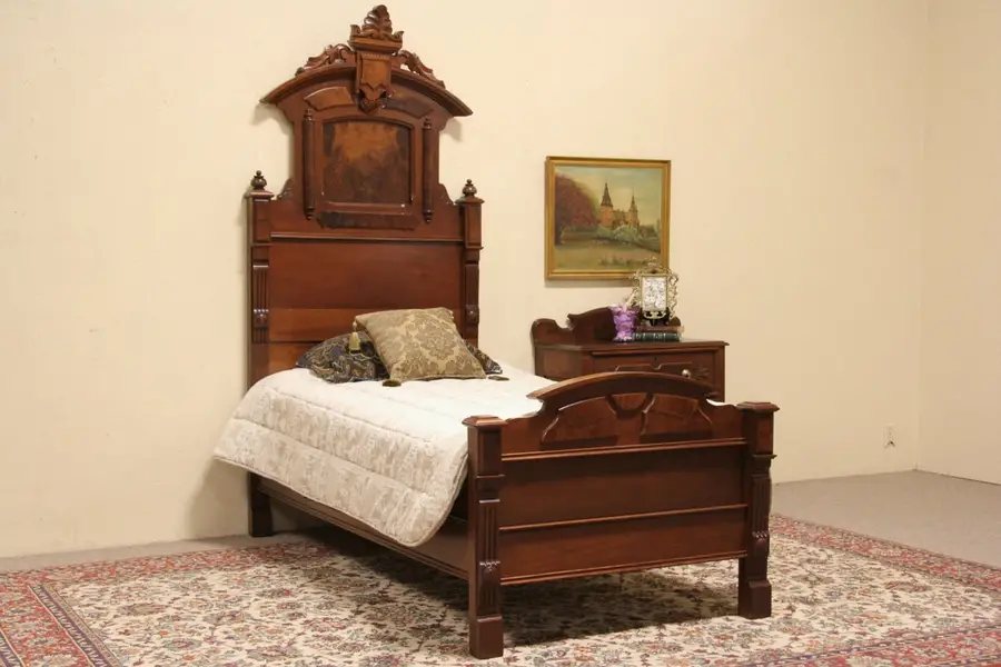 Victorian Renaissance 1875 Antique Carved Small Single Bed