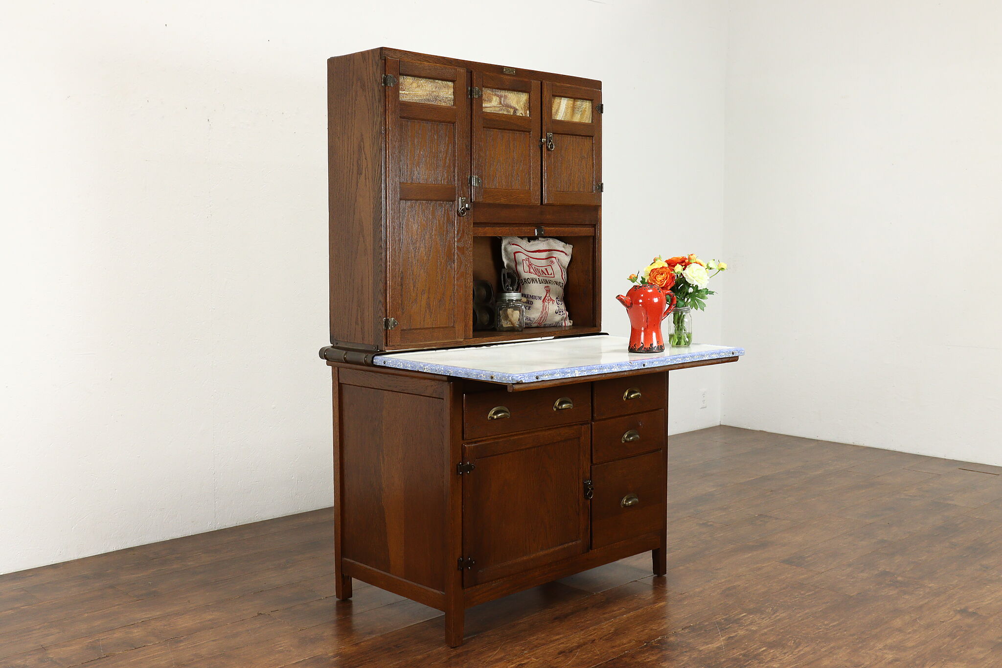Farmhouse Antique Oak Kitchen Pantry Hoosier Cupboard, Roll Top, Wilson