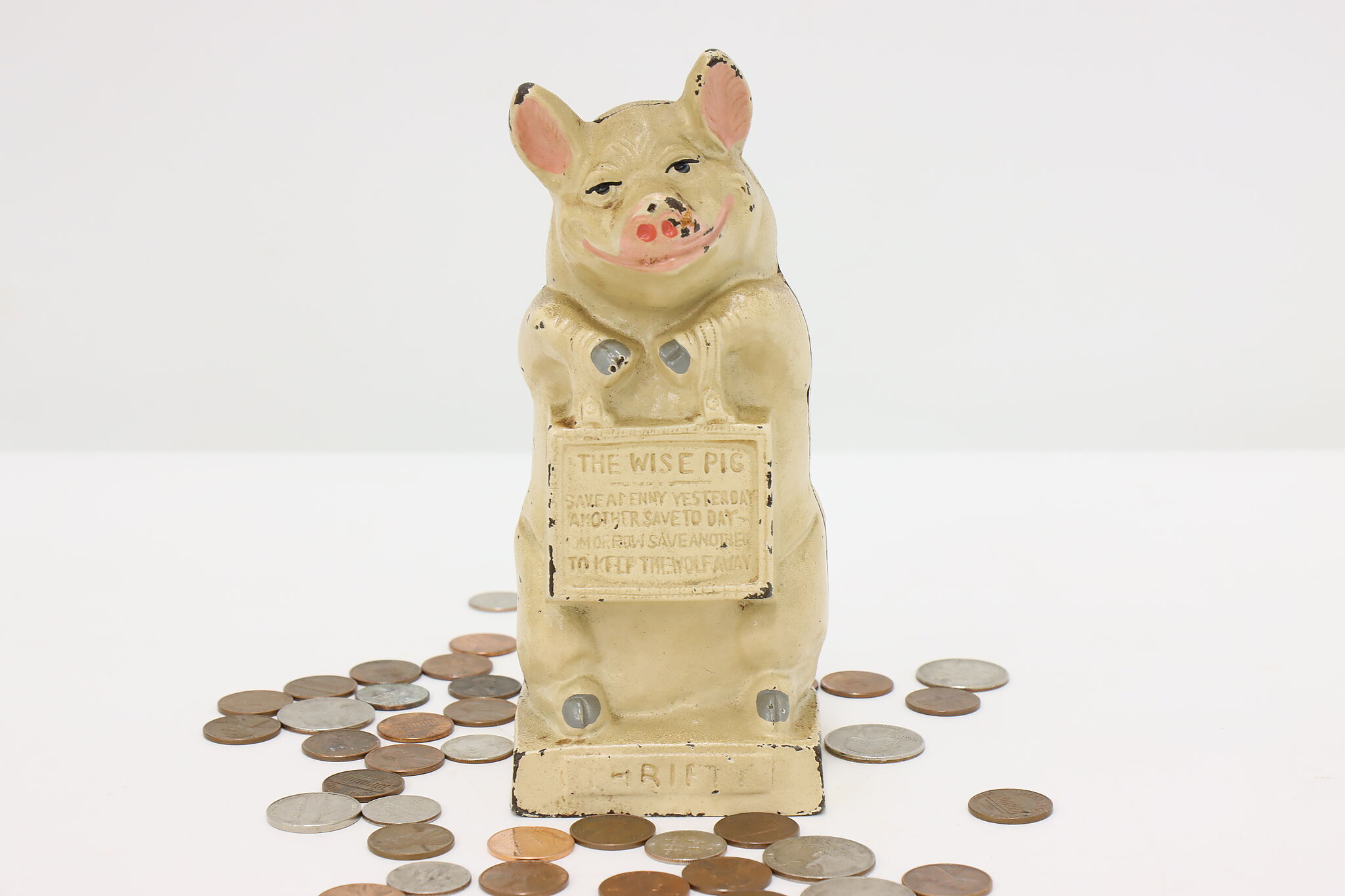 The Wise Pig Antique Painted Cast Iron Coin Bank, JMR