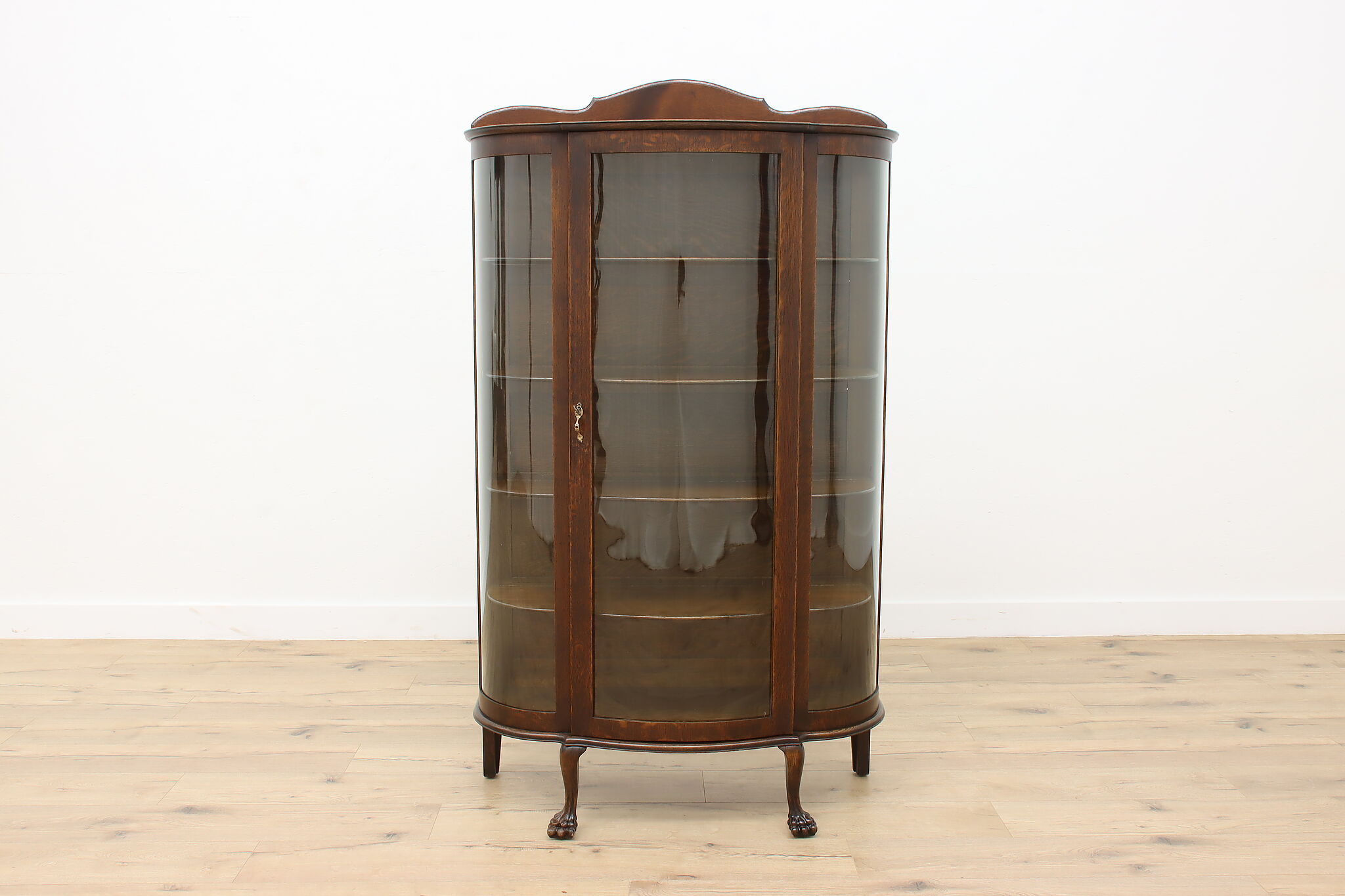 Victorian Antique Oak Curved Glass Curio China Cabinet