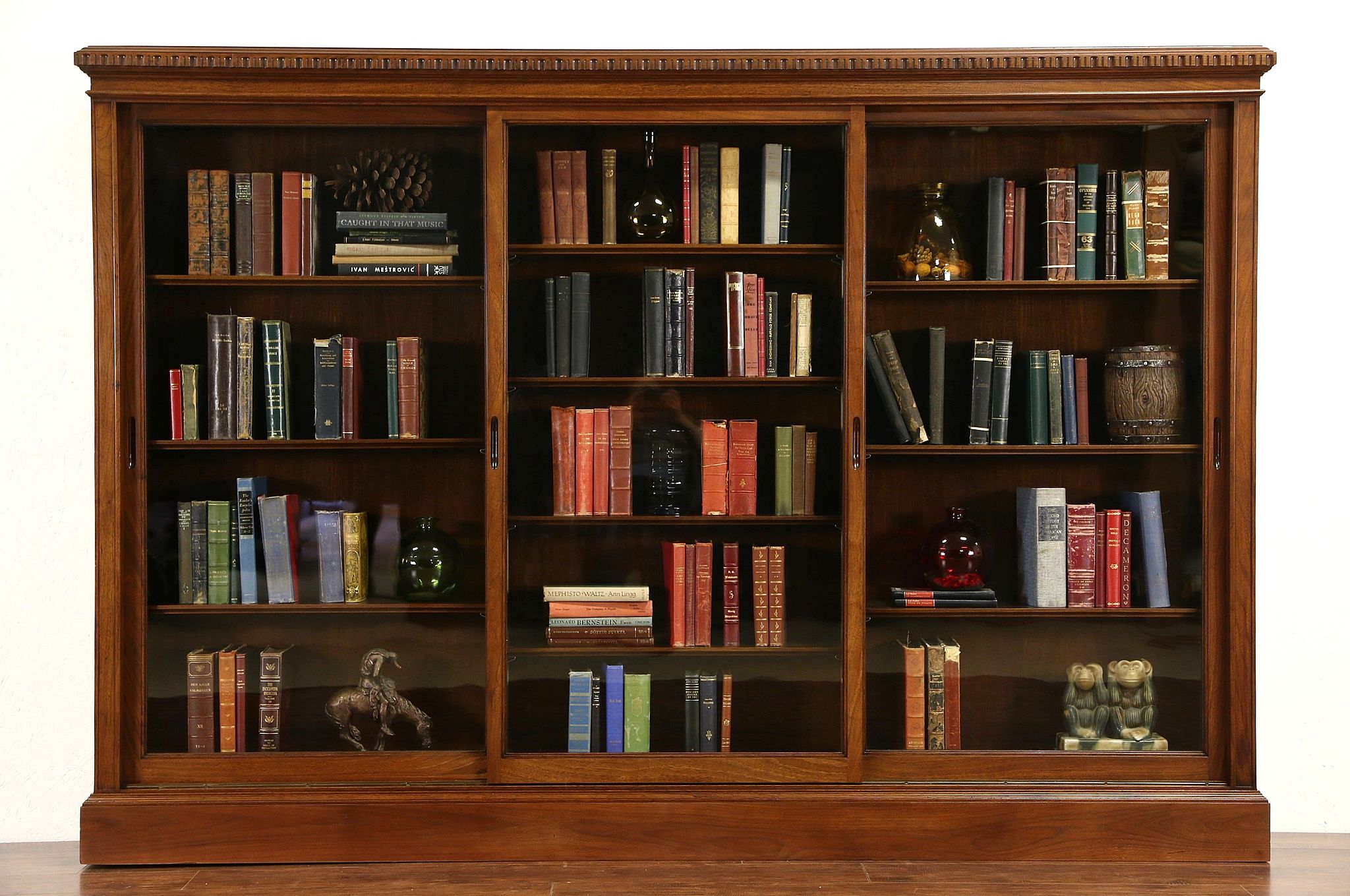 Triple Walnut 1925 Library Bookcase, Sliding Glass Doors