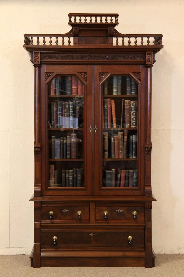 Victorian Eastlake Carved Bookcase, Gallery Top