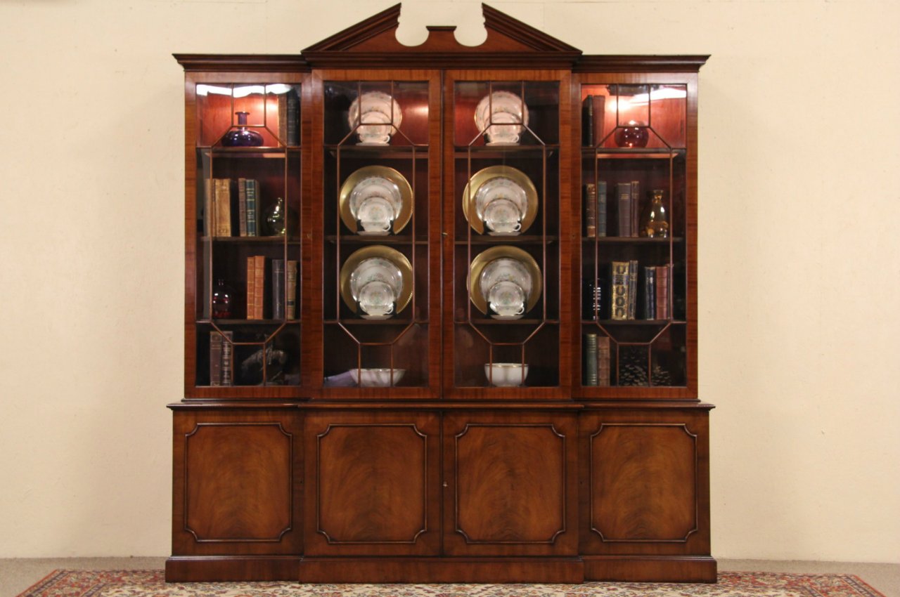 English Vintage Mahogany Breakfront Lighted China Cabinet or Bookcase
