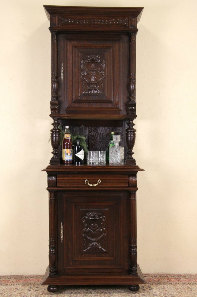 French Oak 1880 Carved Sideboard, Bar, Court Cupboard or Dowry Cabinet