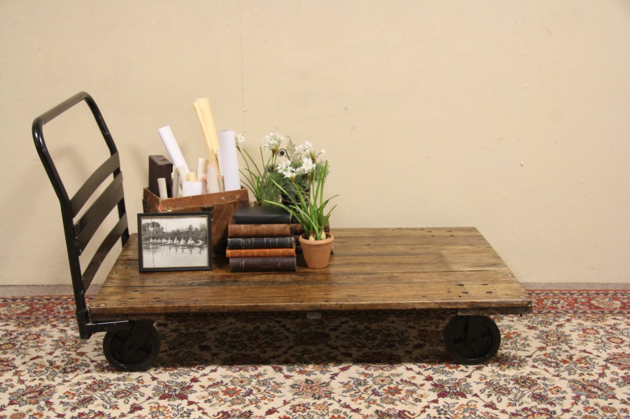 Industrial Salvage Oak & Iron Cart, Removable Handle