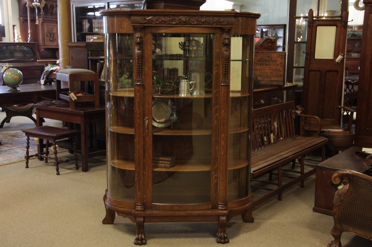 Victorian Oak Curved Glass China or Curio, Lions