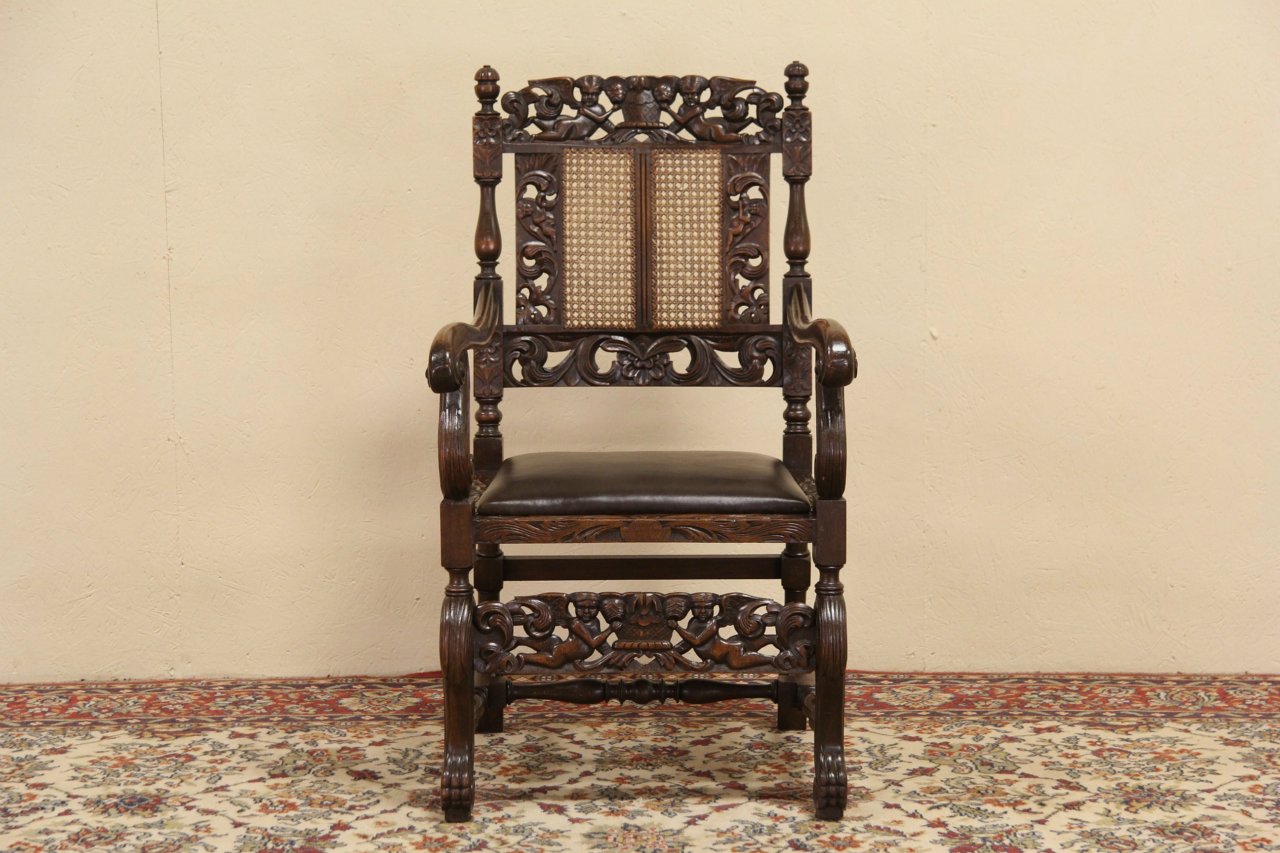 Italian Antique 1890 Chair, Carved Angels, Leather Seat