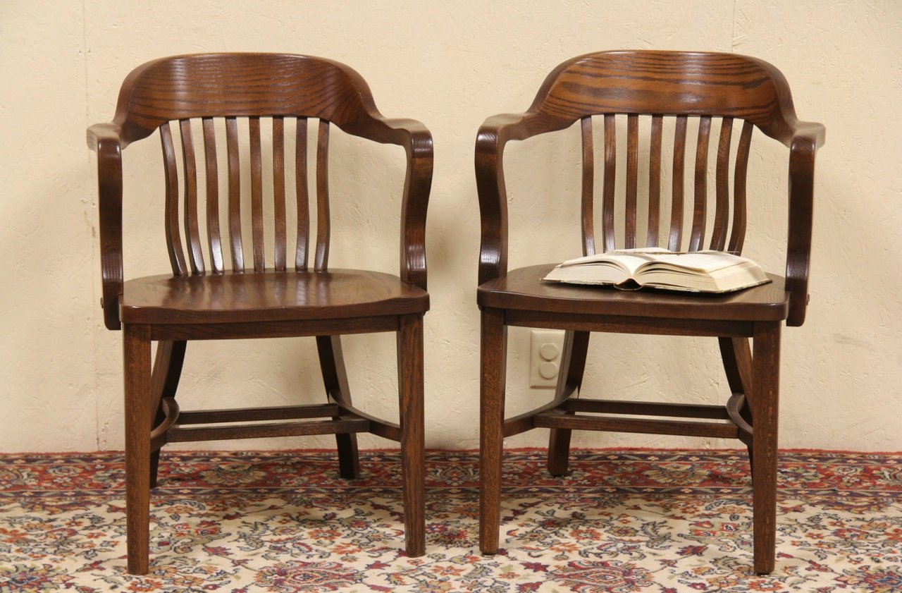 Pair of Vintage Solid Oak Banker Chairs