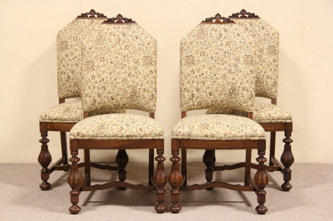 English Tudor Set of 4 Angled Back Dining Chairs