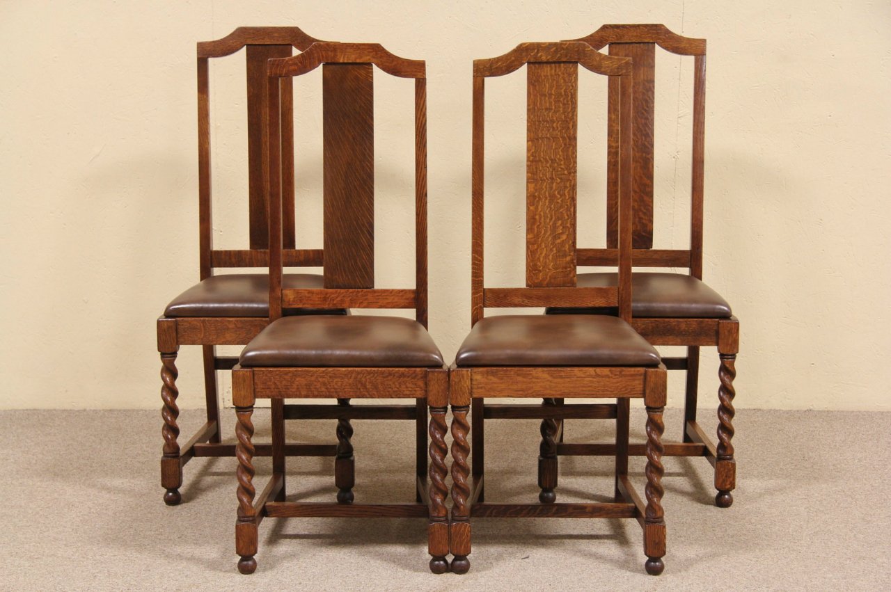 Set of 4 Oak Dining Chairs, Leather Seat, Spiral Columns