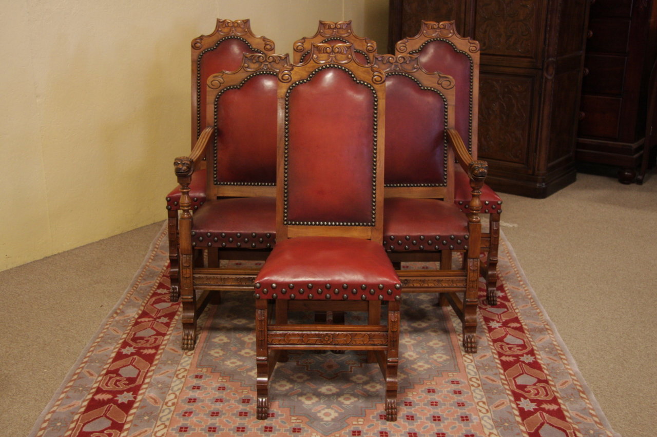 Set of 6 Leather Lion Carved Dining Chairs