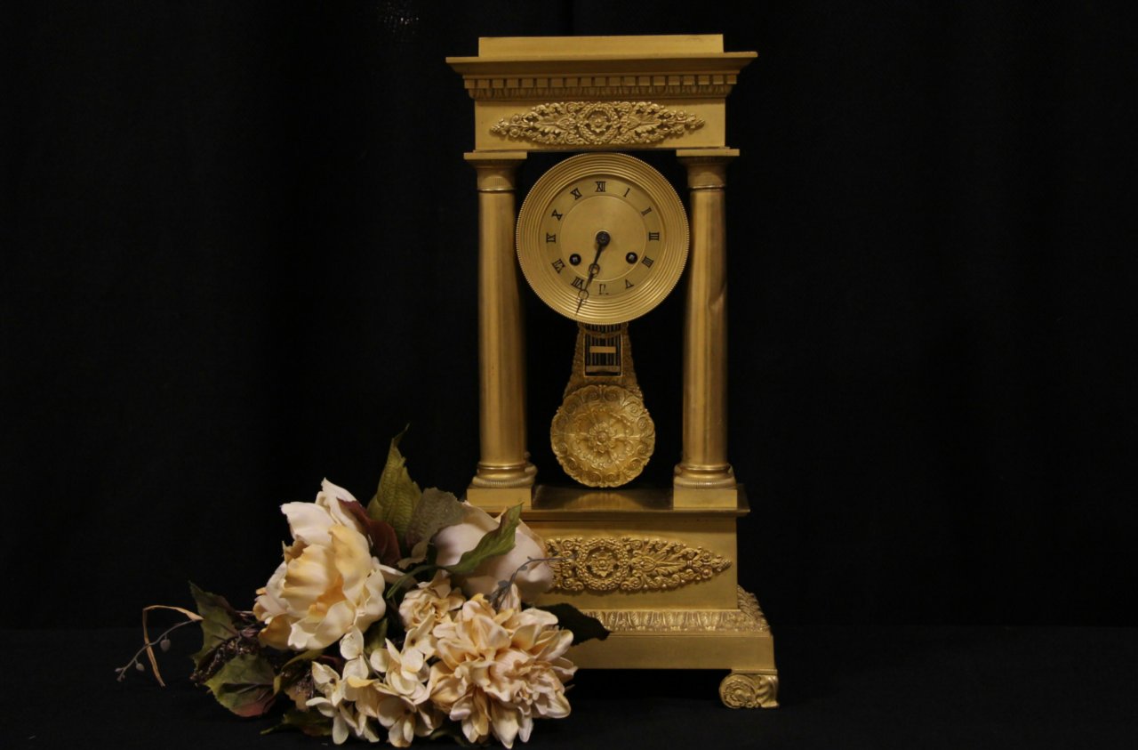 French Empire 1825 Gold Dore Pillar Clock