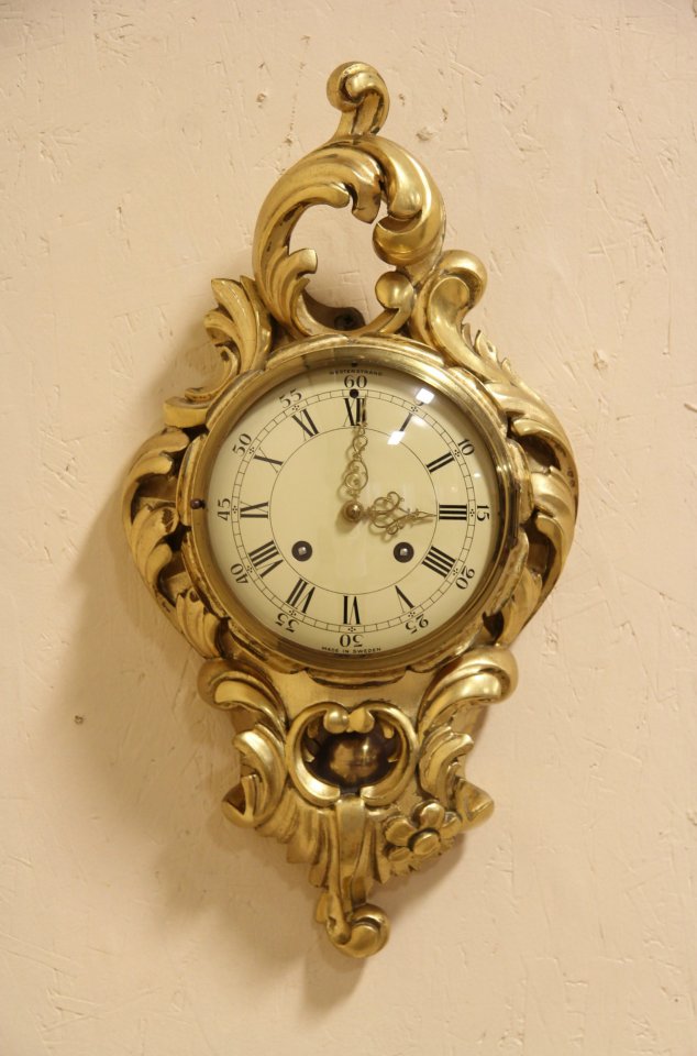 Swedish Westerstrand Gold Rococo Carved Cartouche Wall Clock