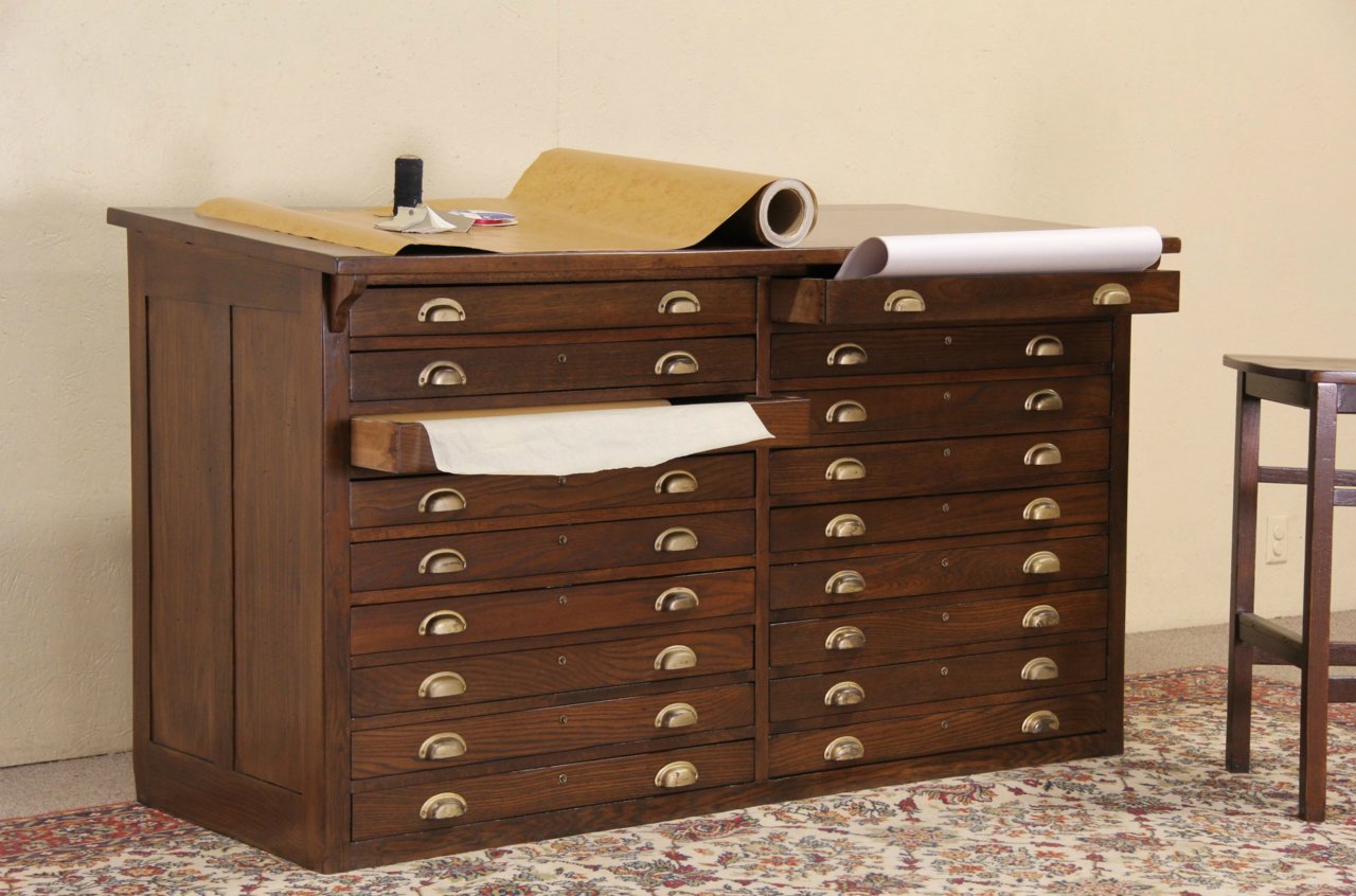 Oak 1900 Antique Map Chest 18 Drawer File Counter