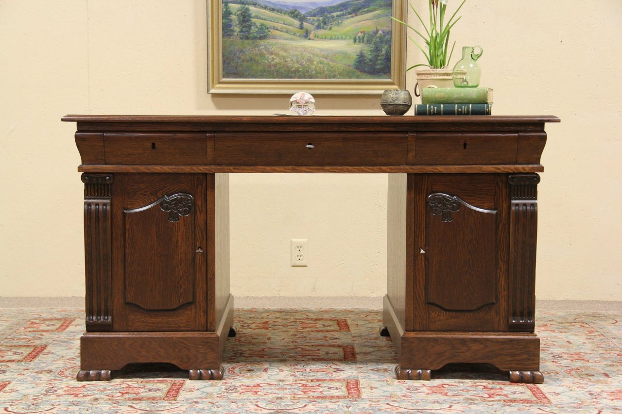 Carved 1900 Antique Oak Library Desk