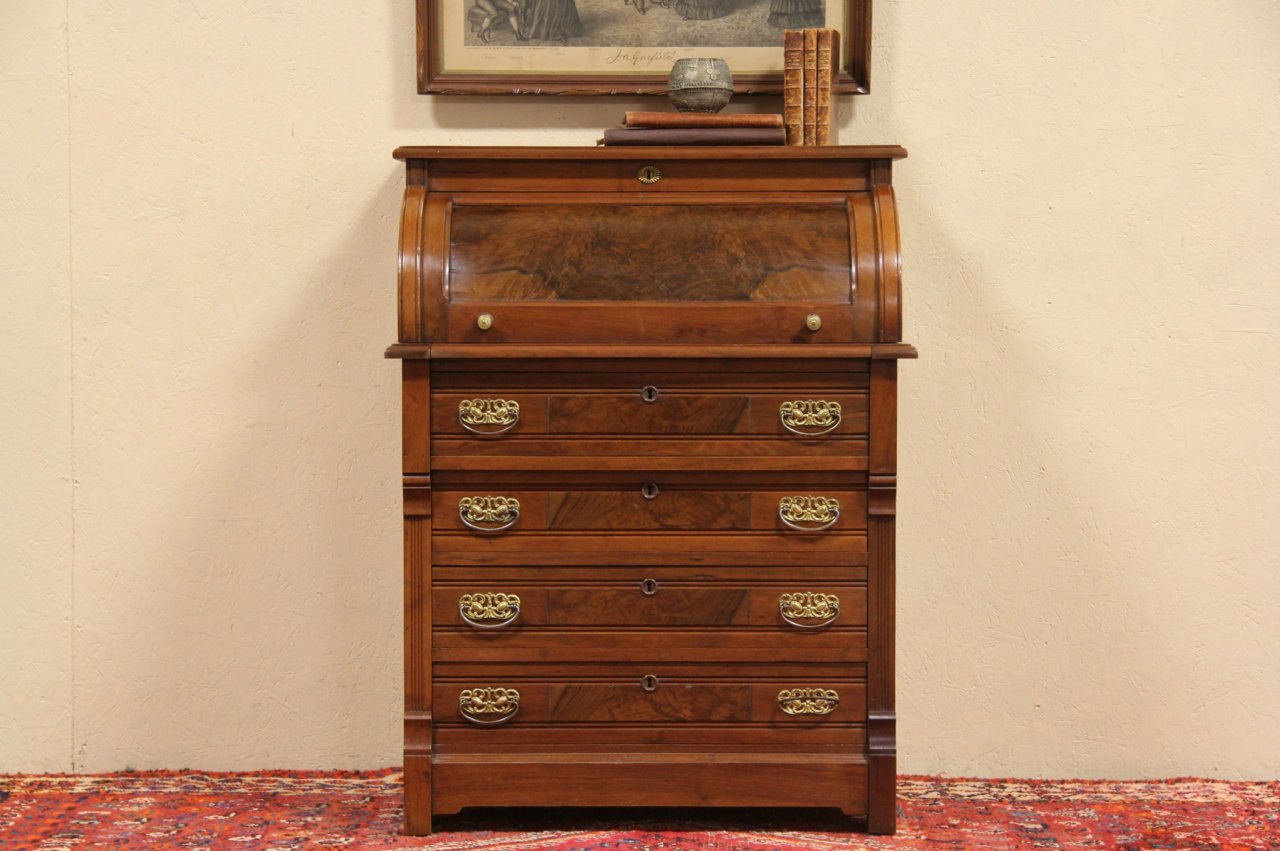 Eastlake 1890 Antique Walnut Cylinder or Barrel Roll Top Desk