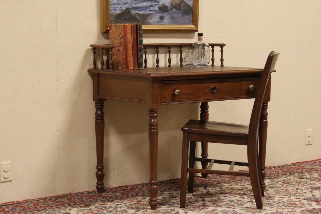Schoolmaster Antique 1865 Oak Desk, Book Gallery & Leather